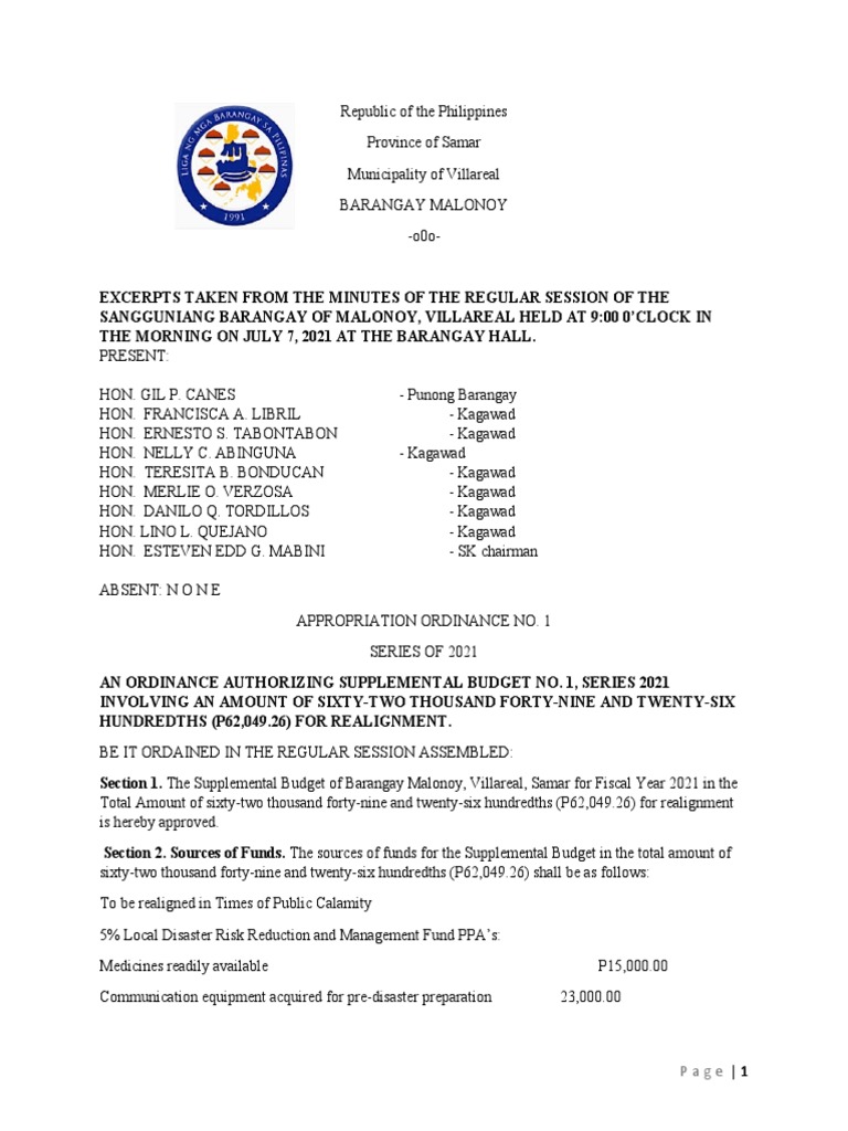 Barangay Malonoy Appropriation Ordinance | PDF | Government