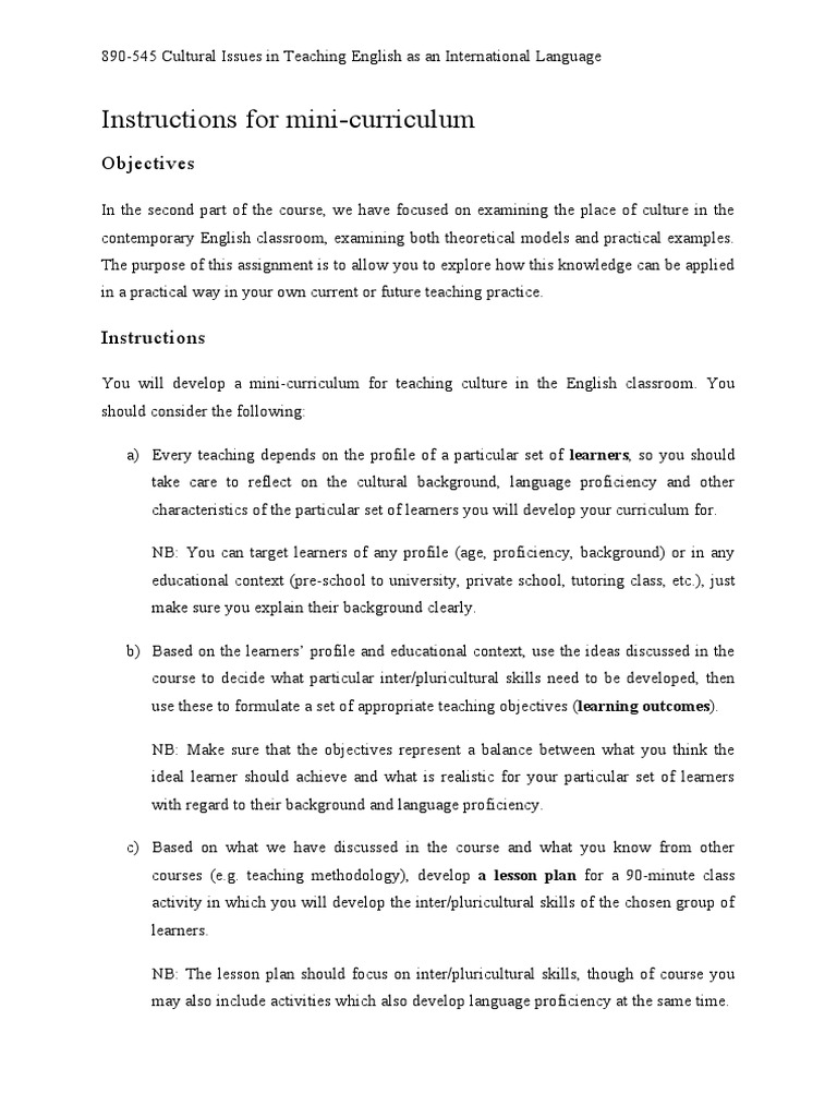 Instructions For Mini-Curriculum: Objectives | PDF