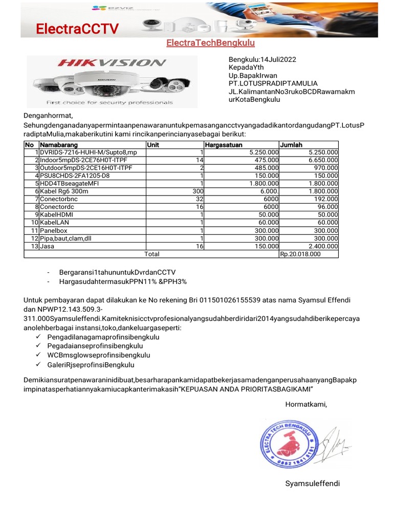 Proposal Pengadaan CCTV Hikvision 5 MP New | PDF