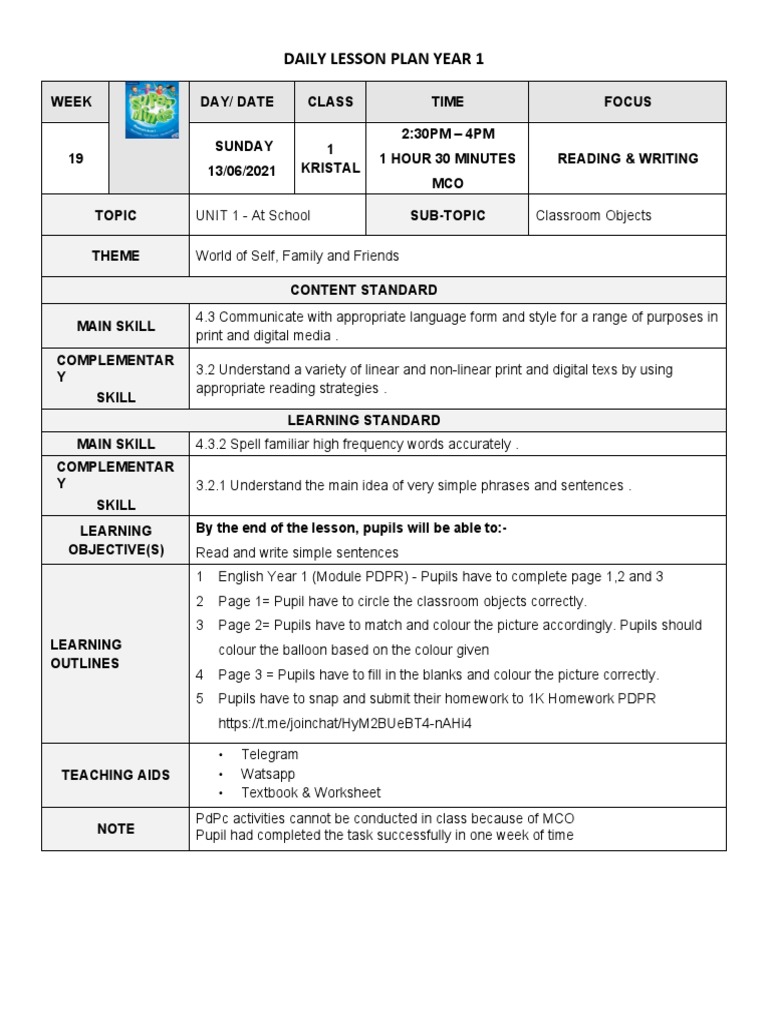 Year 1 Daily Lesson Plan: Classroom Objects | PDF | Lesson Plan | Cognition