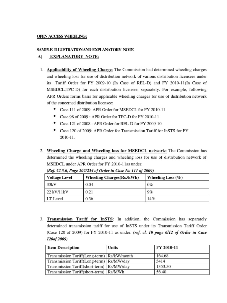 Open Access Wheeling Charges 2010 11 | PDF | Kilowatt Hour | Electric Power