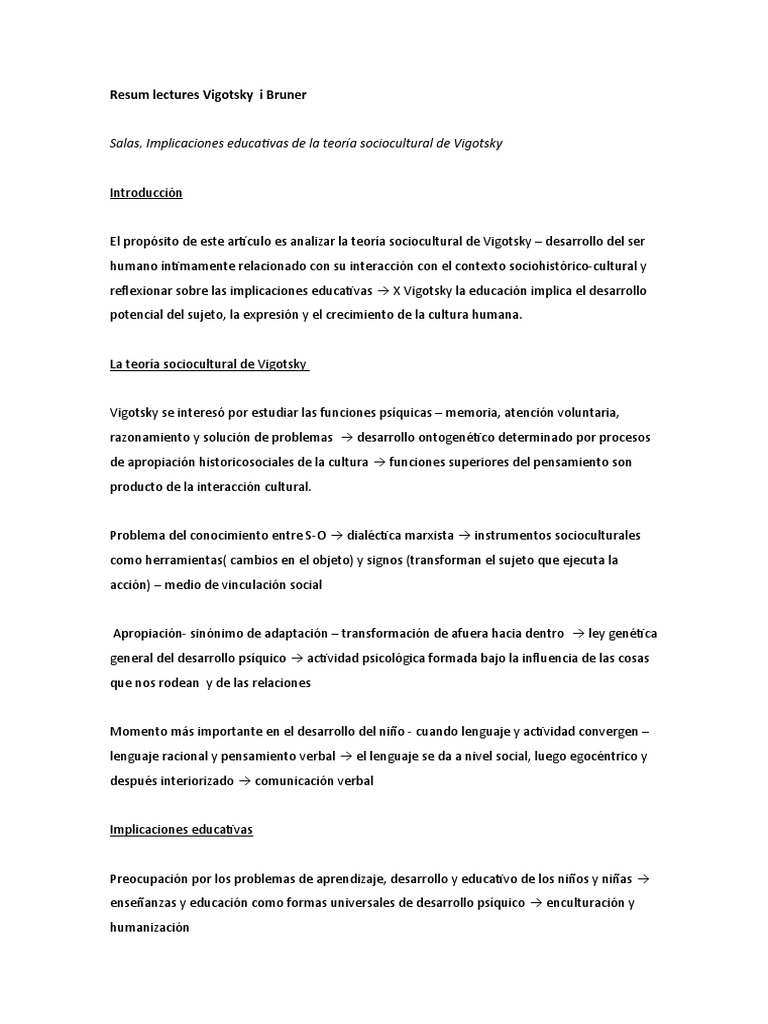 Resum Lectures Vigotsky I Bruner | PDF | Sicología | Ciencias del comportamiento