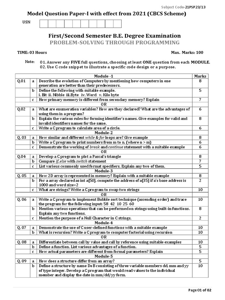 Problem-Solving Through Programming: First/Second Semester B.E. Degree Examination | PDF | C ...