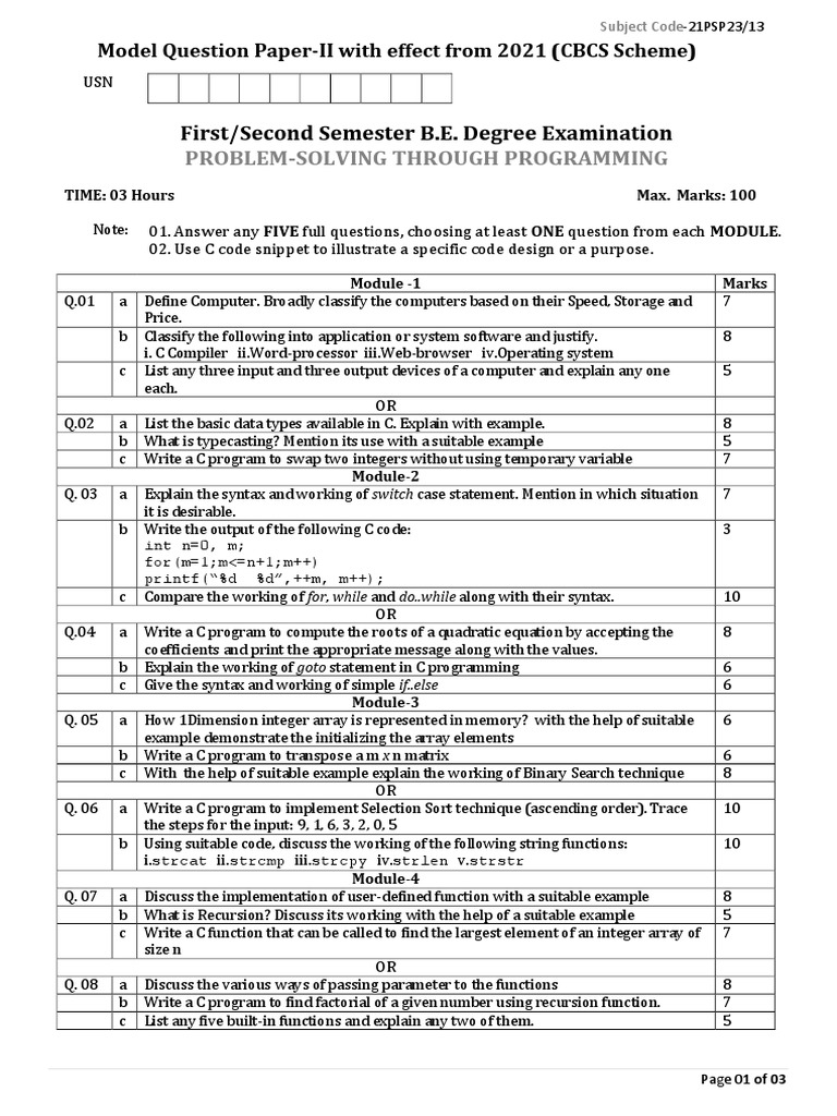 Problem Solving Through Programming Firstsecond Semester Be Degree