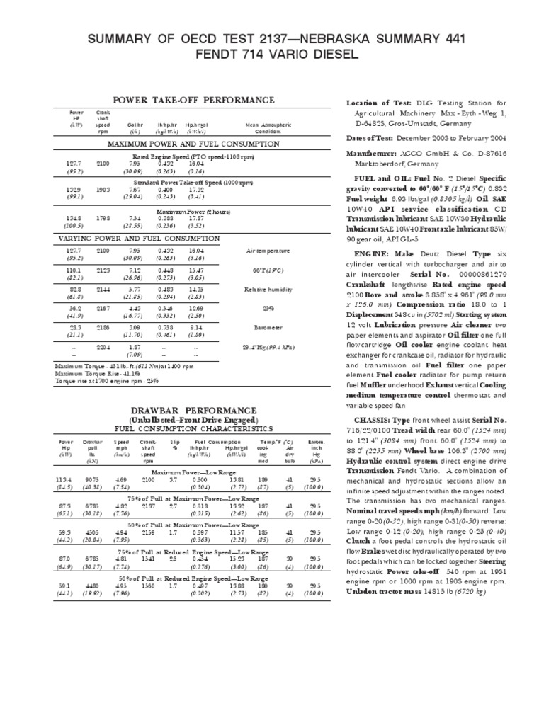 Summary of Oecd Test 2137-Nebraska Summary 441 Fendt 714 Vario Diesel ...