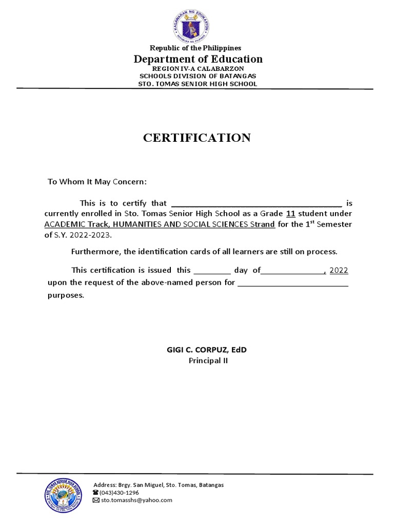 Certification: Department of Education | PDF