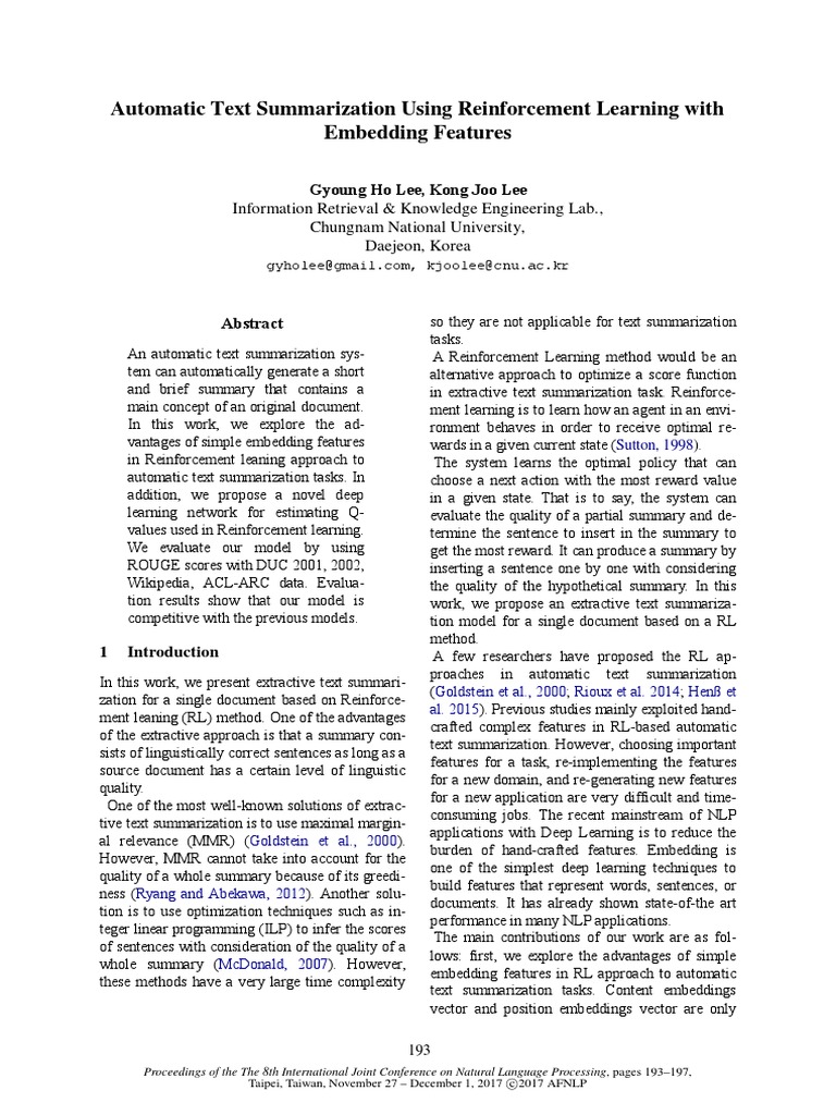 Automatic Text Summarization Using RL | Download grátis PDF | Deep Learning | Applied Mathematics