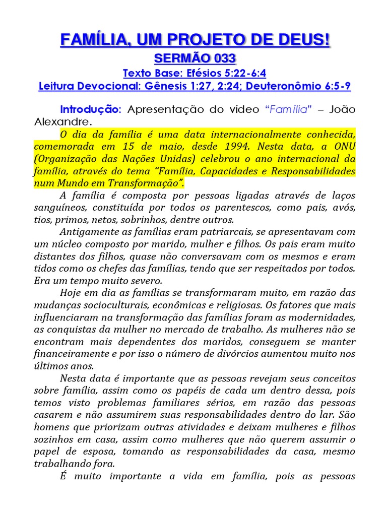 Família, Um Projeto de Deus! | PDF | Família | Mulher Família, Um Projeto de Deus! | PDF | Família | Mulher