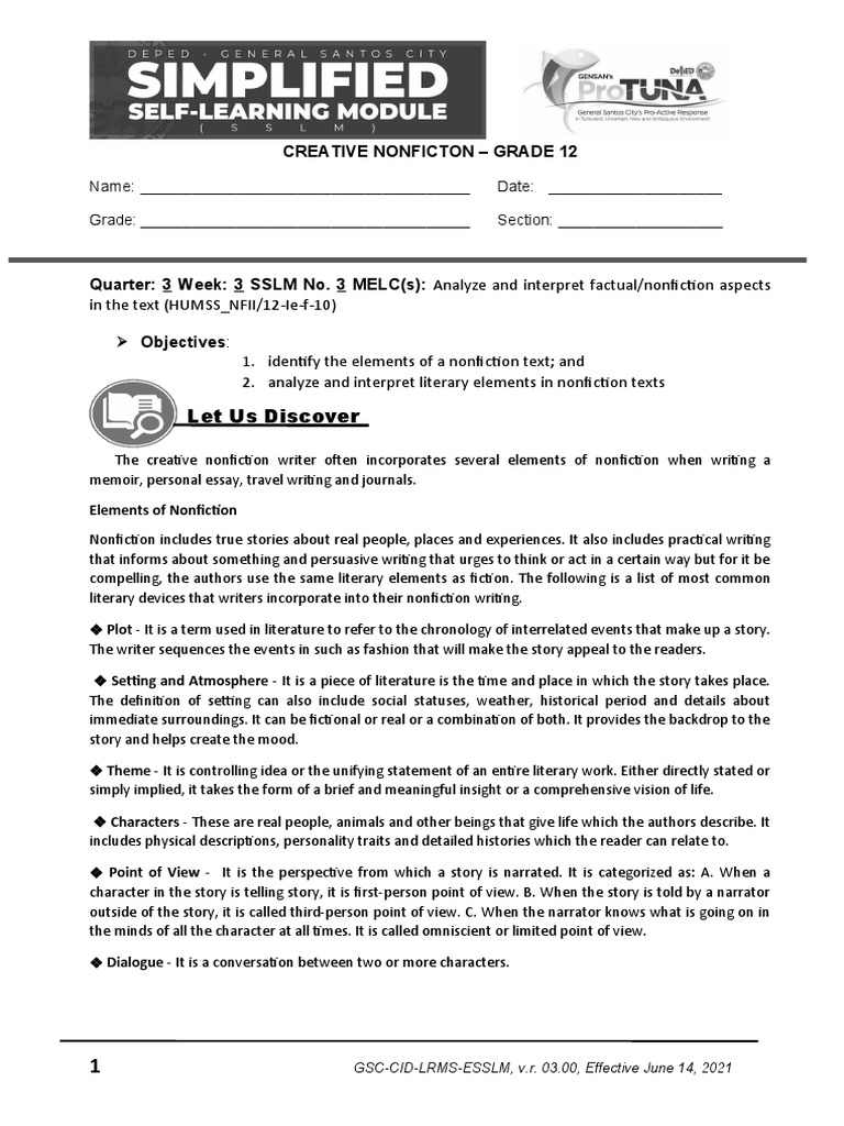 Sslm-Creative Nonfiction-Q3-Week 3 | PDF | Narration