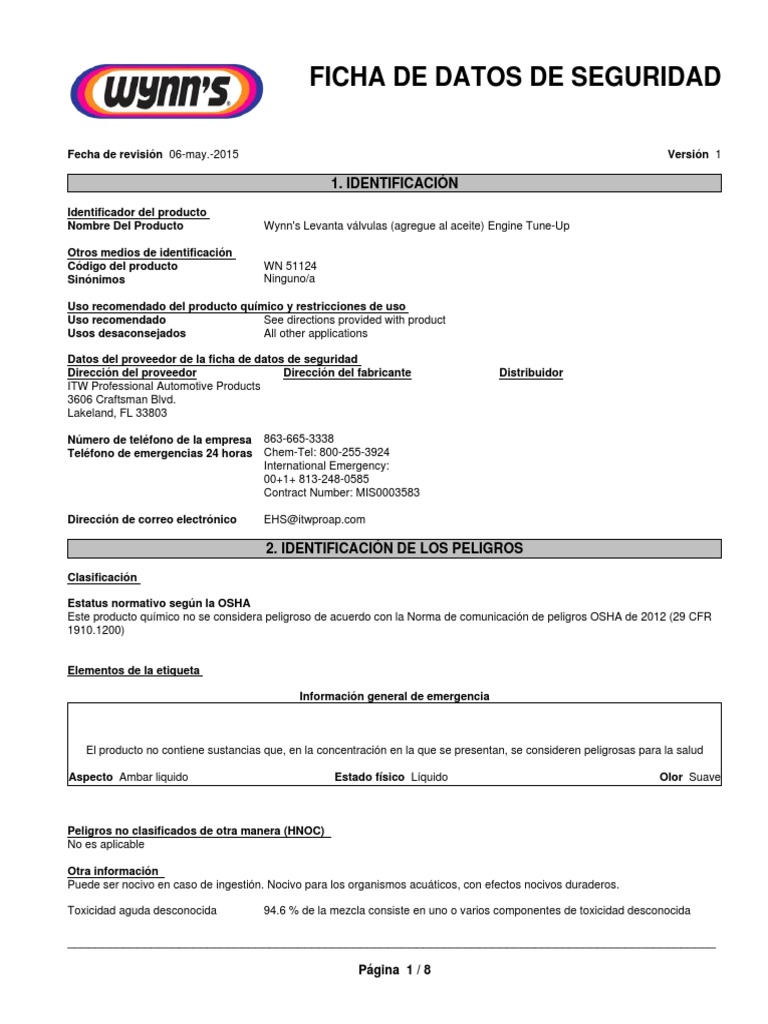 ES 51124 Wynn S Levanta V Lvulas Agregue Al Aceite Engine Tune-Up SDS | PDF