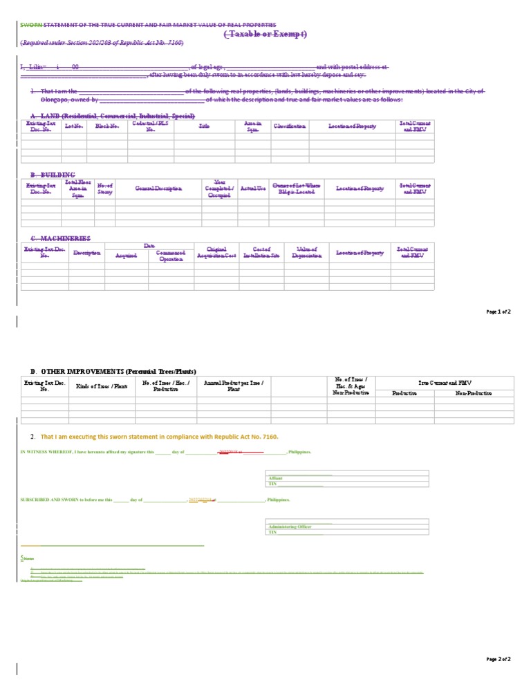 Sworn Statement of The True Current and Fair Market Value - Landscape ...