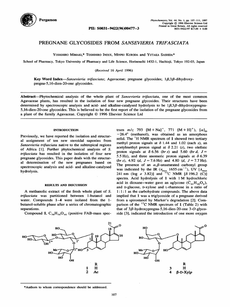 Pregnane Glycosides From Sansevieria Trifasciata: OH J,, K J - . J ...