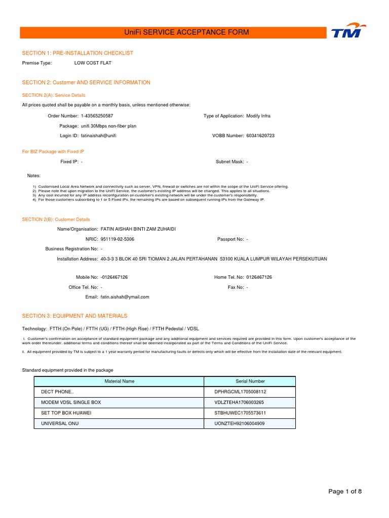 Unifi Service Acceptance Form: Section 1: Pre-Installation Checklist | PDF | Wi Fi | Fiber To The X