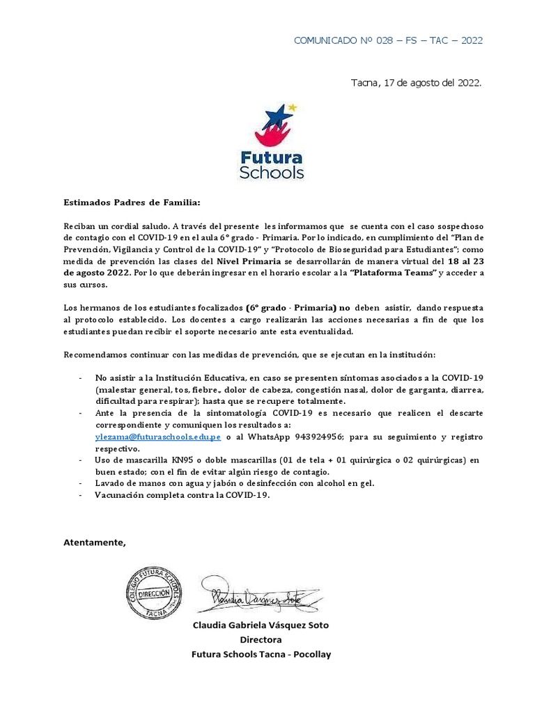 COMUNICADO 028 SUSPENSION LABORES 6to GRADO | PDF | Ciencias sociales