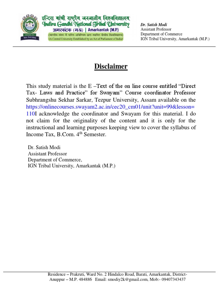 Disclaimer: Dr. Satish Modi Assistant Professor Department of Commerce ...