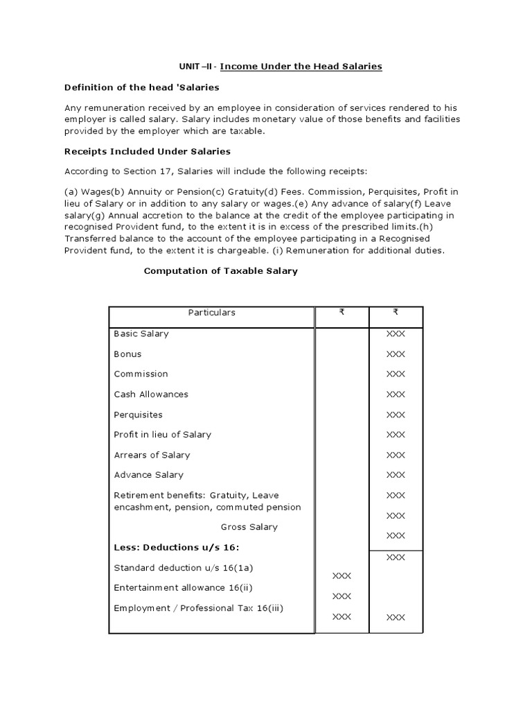 Unit - Ii - : Income Under The Head Salaries Definition of The Head 'Salaries | PDF | Cost Of ...