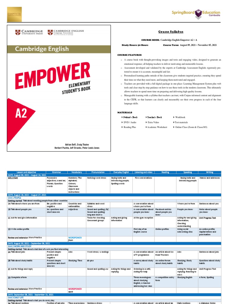 Course Syllabus for Cambridge English Empower A2 - A Level Exam ...