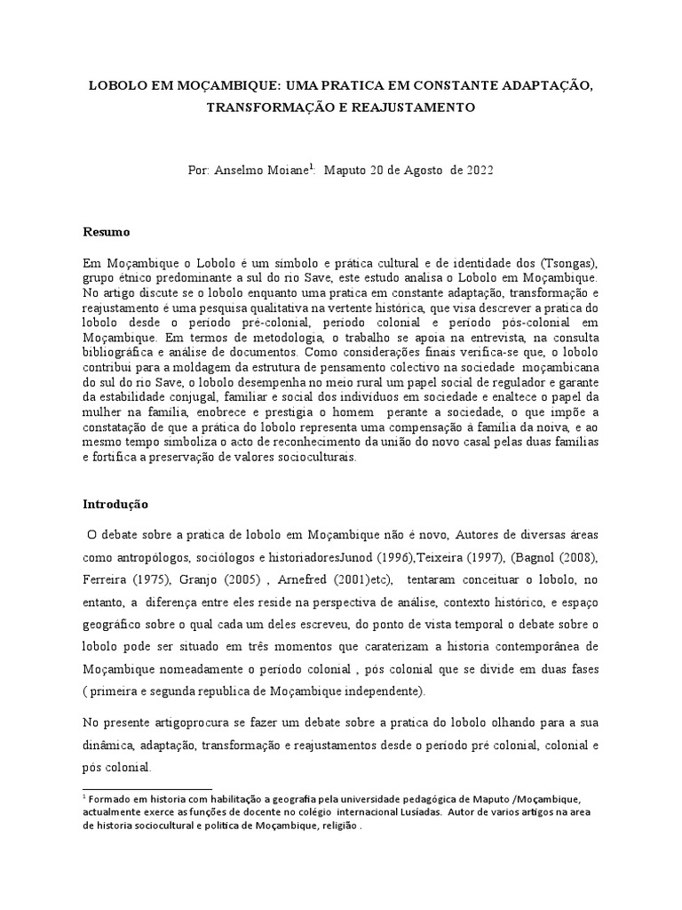 Lobolo em Moçambique: Uma Pratica em Constante Adaptação, Transformação ...
