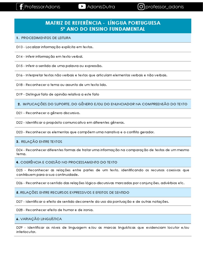 Matriz de Referência - Português - 5º Ano (Blog Do Prof. Adonis) | PDF