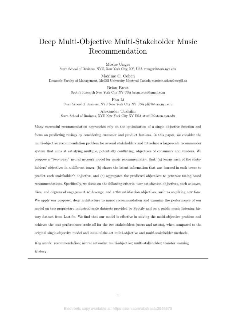 Deep Multi-Objective Multi-Stakeholder Music Recommendation | PDF | Accuracy And Precision ...
