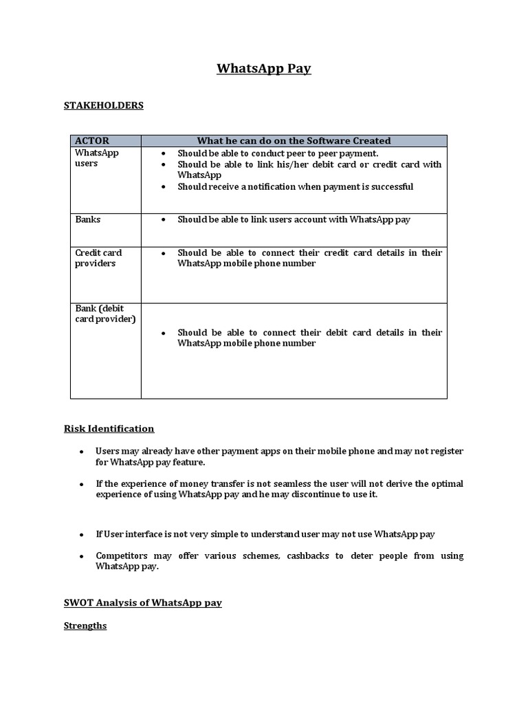 Whatsapp Pay: Stakeholders Actor What He Can Do On The Software Created | Download Free PDF ...