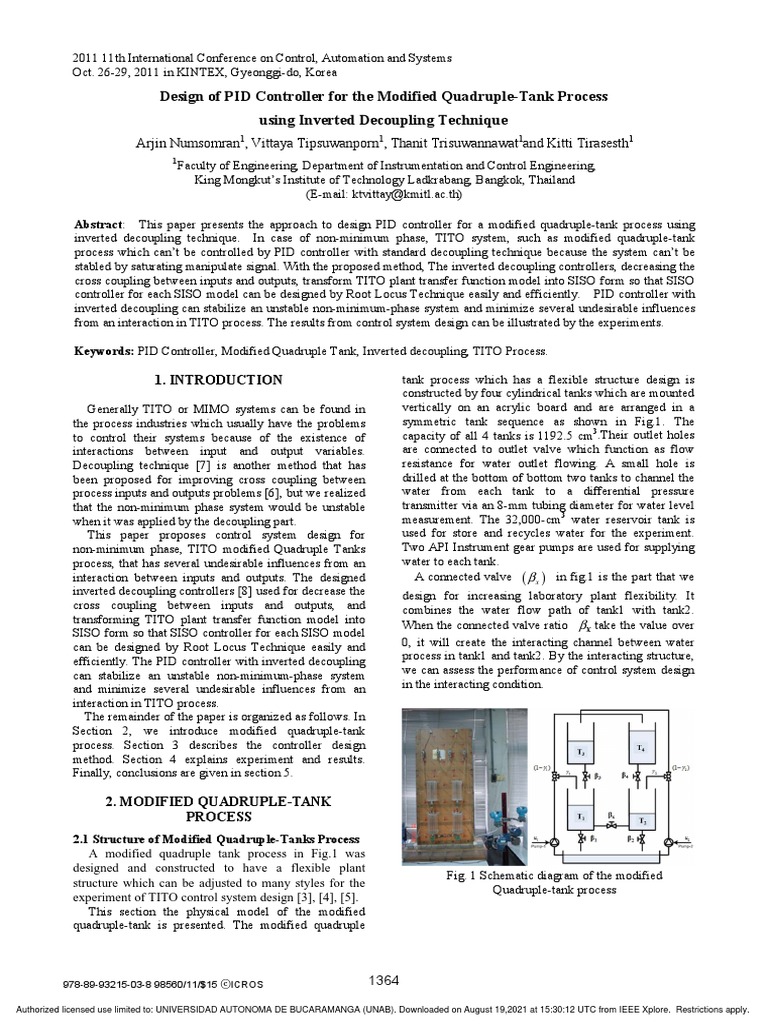 Design of PID Controller For The Modified Quadruple-Tank Process Using Inverted Decoupling ...