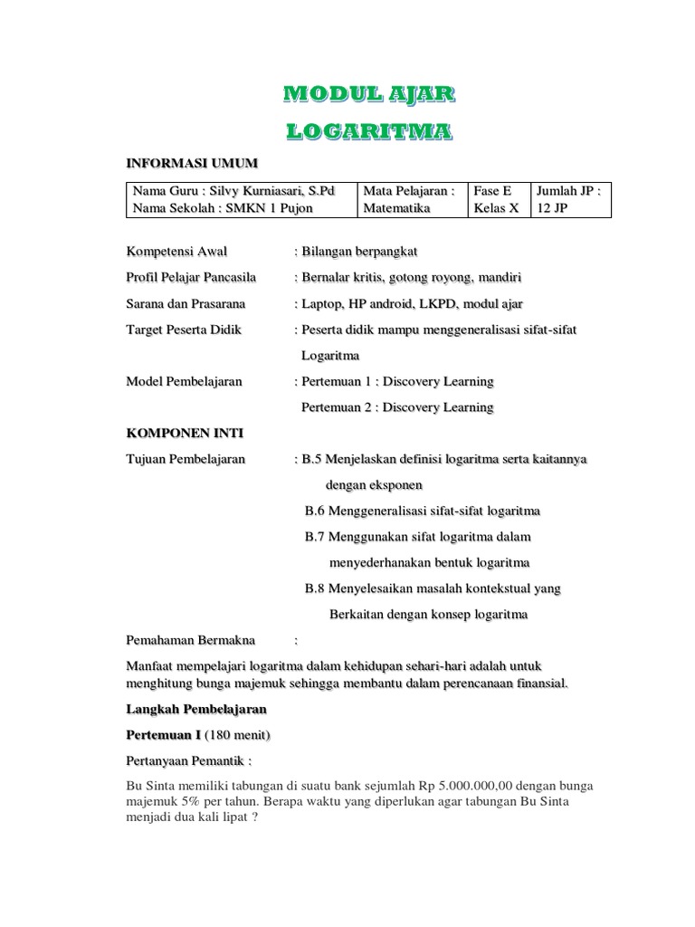 Pembelajaran Logaritma Kelas X | PDF | Karier & Perkembangan | Komputer