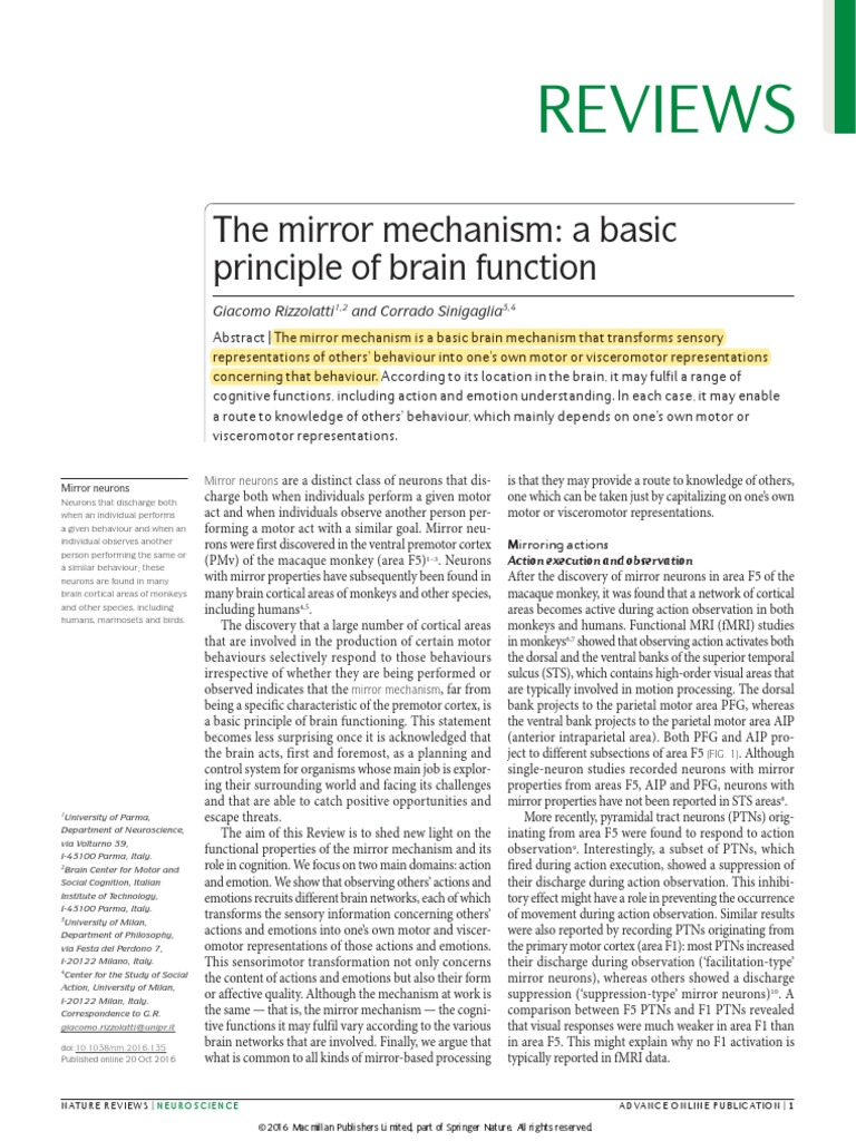 Reviews: The Mirror Mechanism: A Basic Principle of Brain Function ...