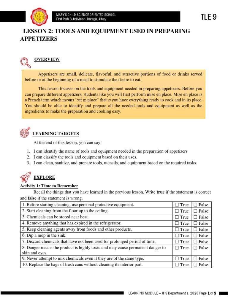 Lesson 2: Tools and Equipment Used in Preparing Appetizers | PDF ...