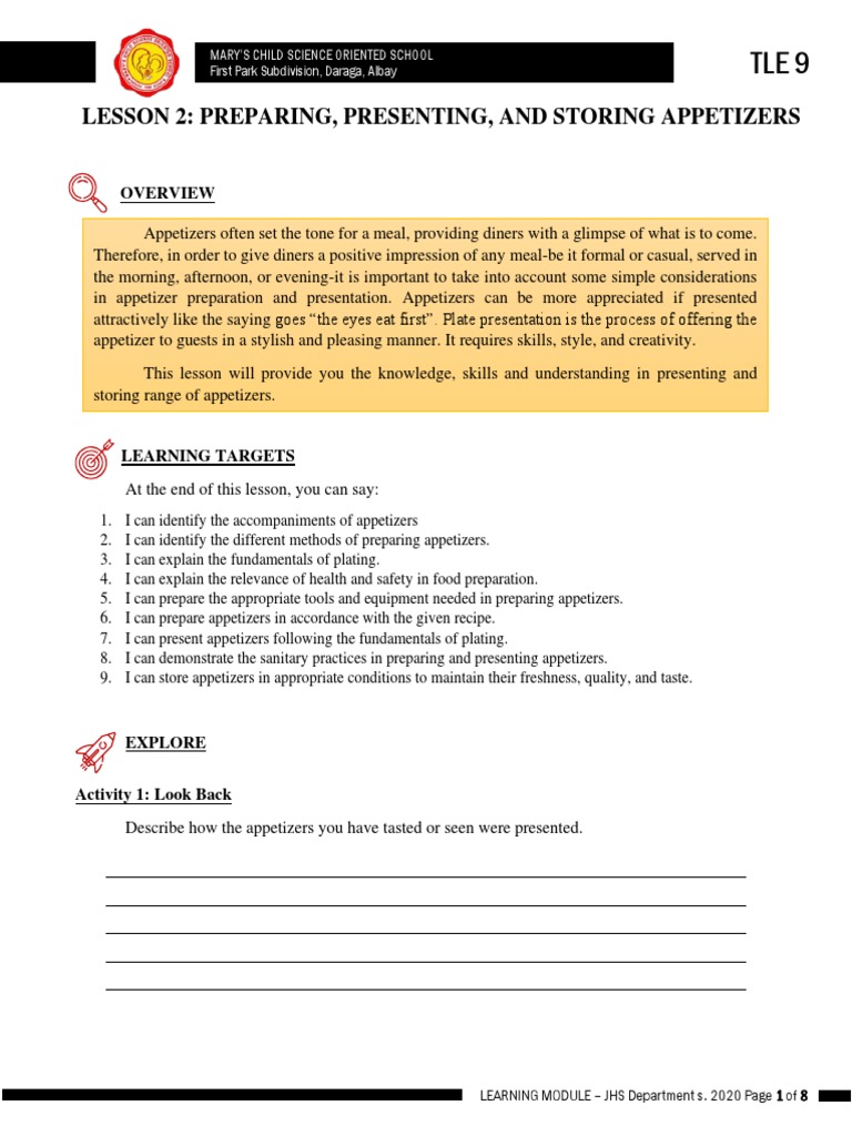 Lesson 2: Preparing, Presenting, and Storing Appetizers | Download Free PDF | Foods | Learning