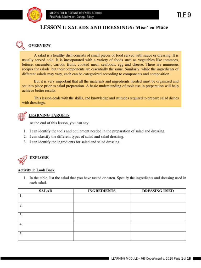 Lesson 1: Salads and Dressings: Mise' en Place | PDF | Salad | Cooking