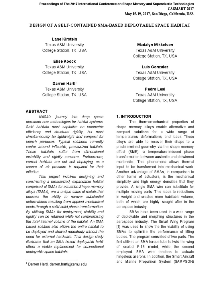 Design: of A Self-Contained Sma-Based Deployable Space Habitat | PDF | Shape Memory Alloy ...
