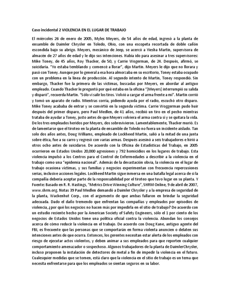 Caso Incidental 2 VIOLENCIA EN EL LUGAR DE TRABAJO | PDF | Violencia