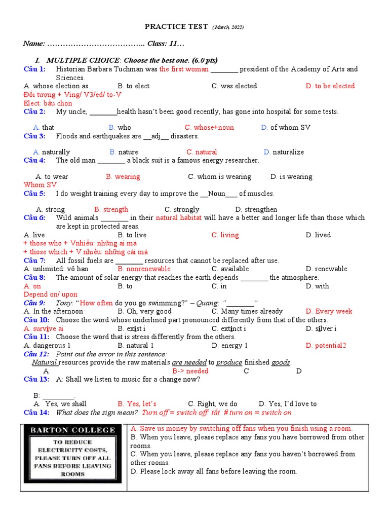 A. B. D. A. B. D.: Name: .. Class: 11 I. MULTIPLE CHOICE: Choose The Best One. (6.0 PTS ...