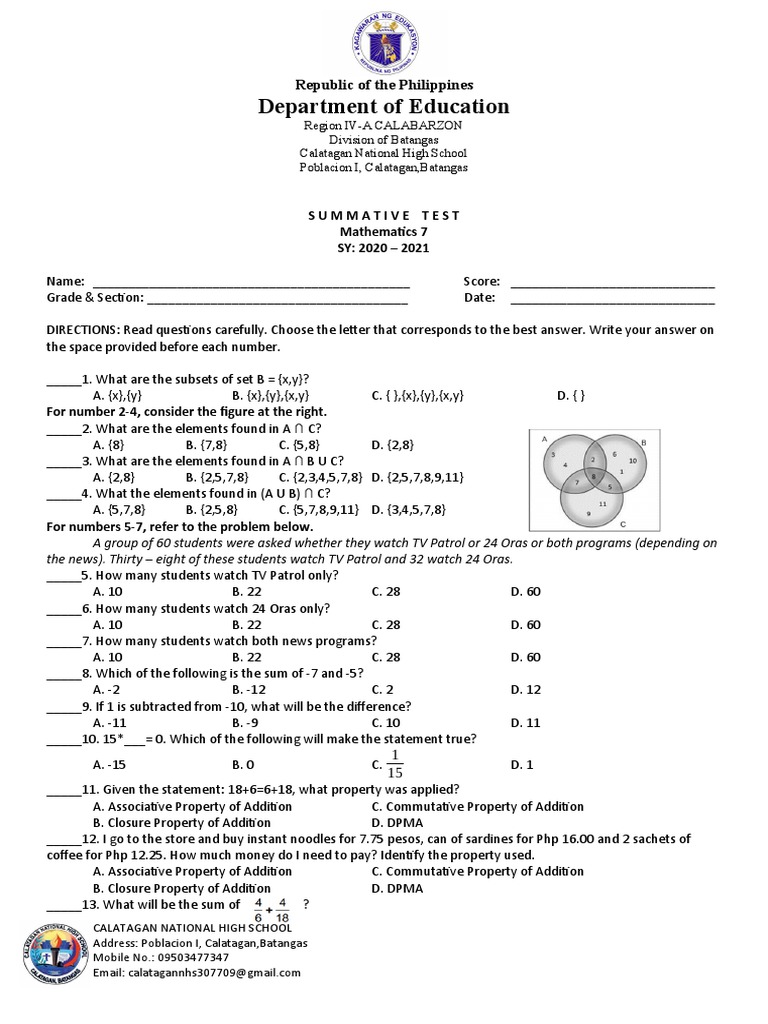2021 2022 - Summative Test in MATHEMATICS 7 | PDF | Mathematical ...
