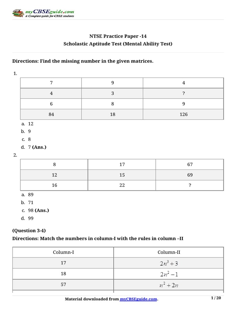 NTSE Practice Paper - 14 Scholastic Aptitude Test (Mental Ability Test ...