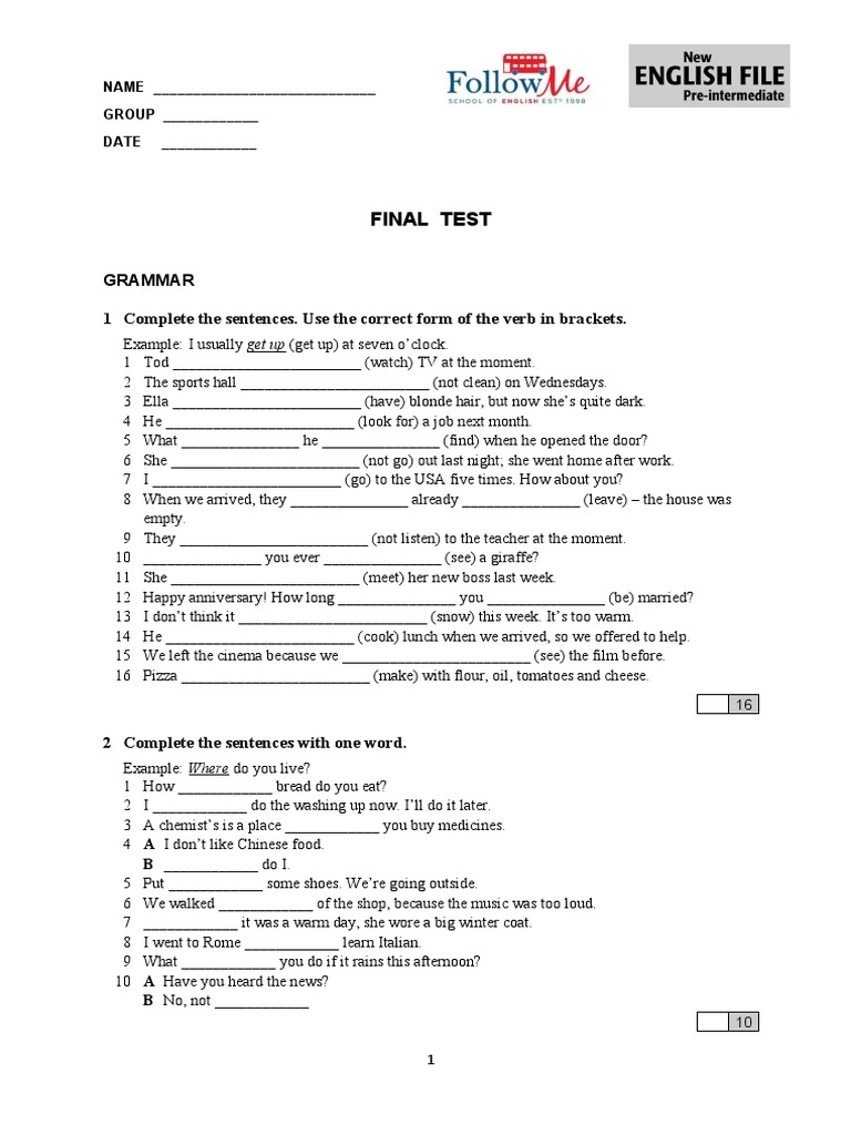 Pre-Intermediate Final Test Document | PDF | Memory