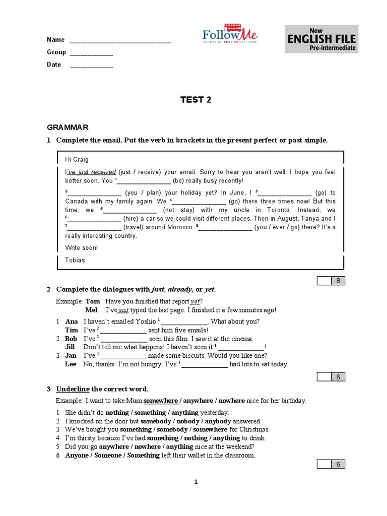 Test 2 - EF Pre-Intermediate | PDF