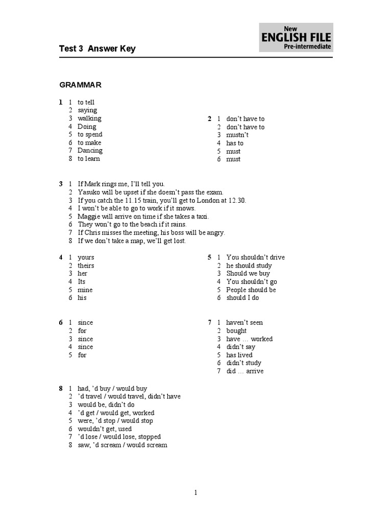 Test 3 Grammar and Vocabulary Key | PDF