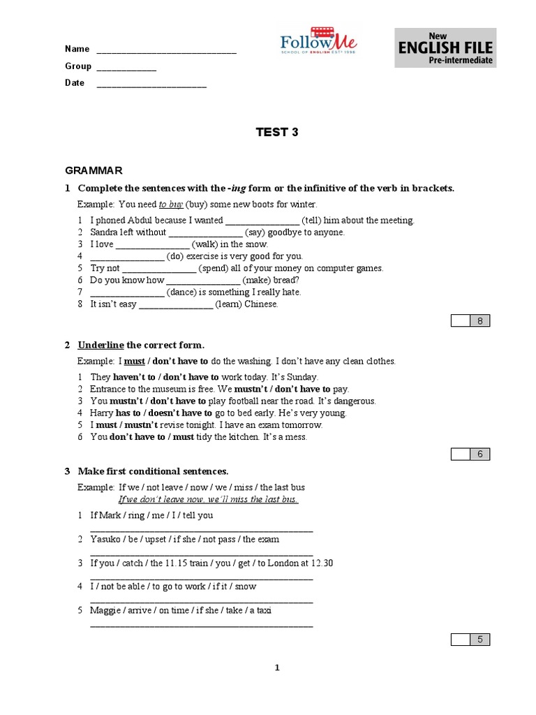 Test 3 - EF Pre-Intermediate | PDF