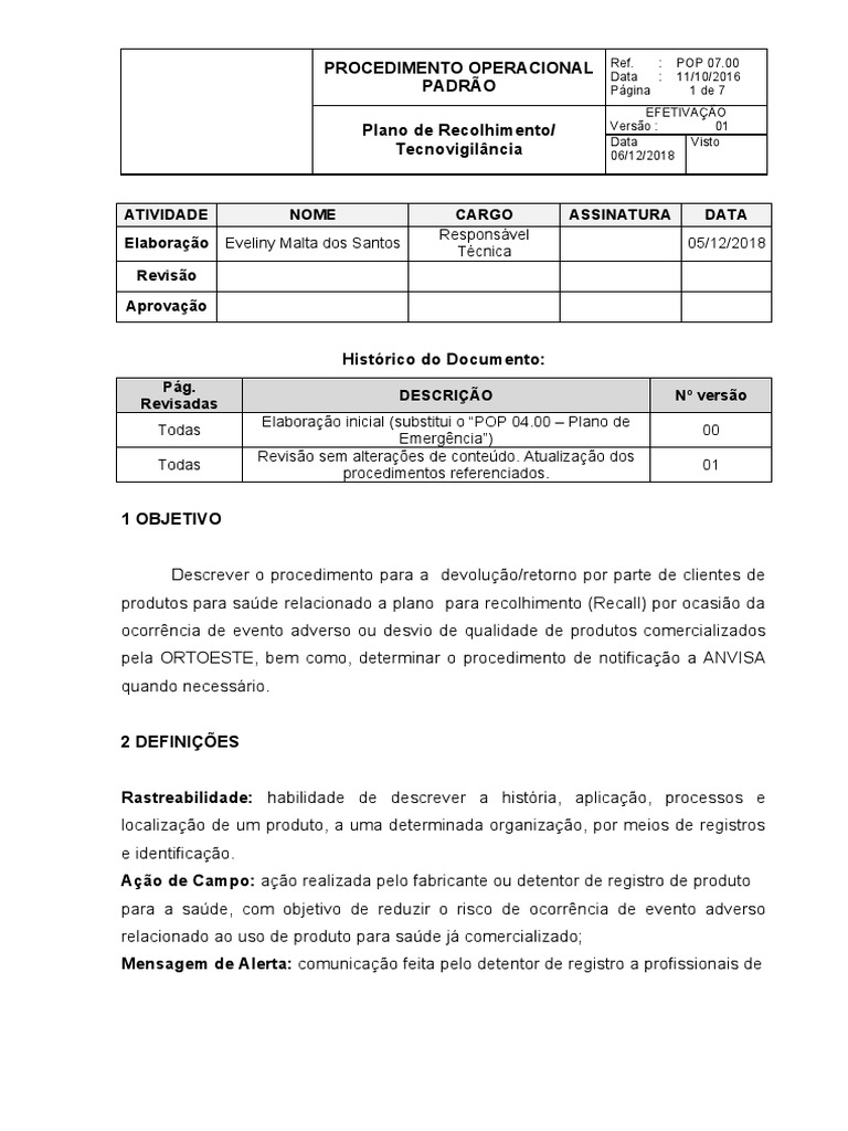 POP 07.00 - Plano de Recolhimento - Tecnovigilância - V01 MODELO | PDF