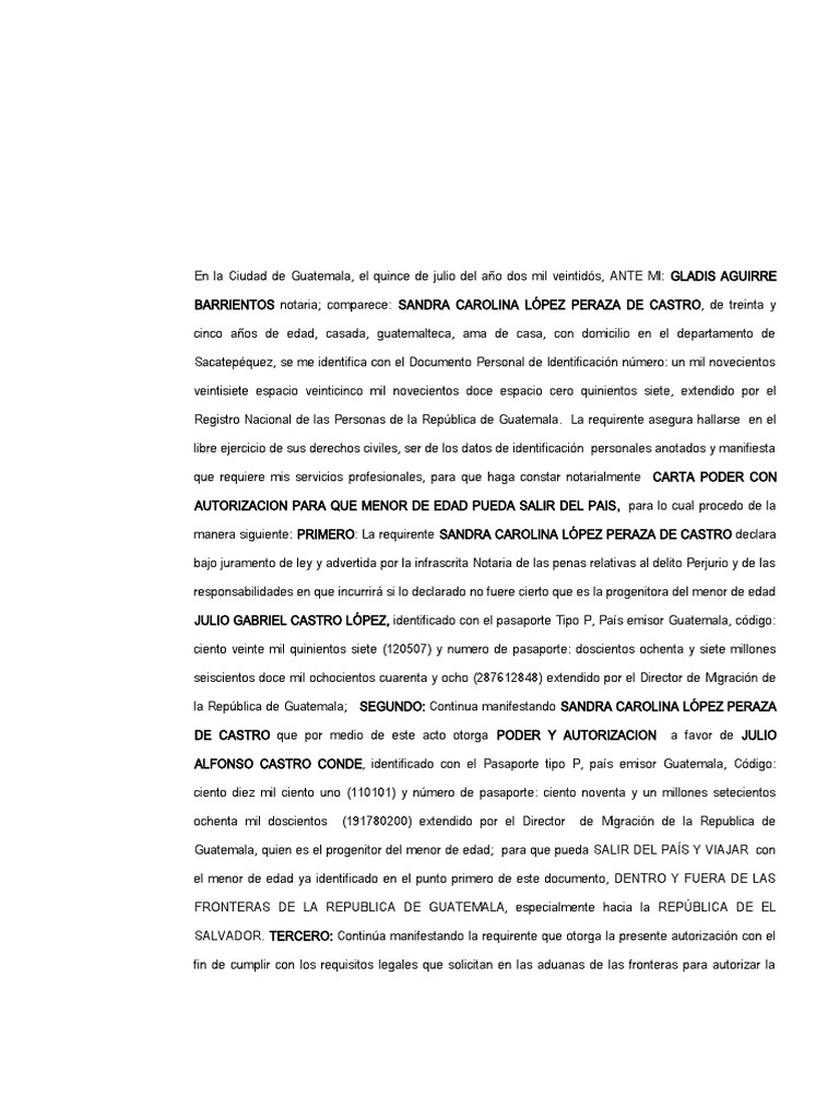 Carta Poder para Que Menor Viaje Al Salvador Con Su Progenitora | PDF | Guatemala | Ley común