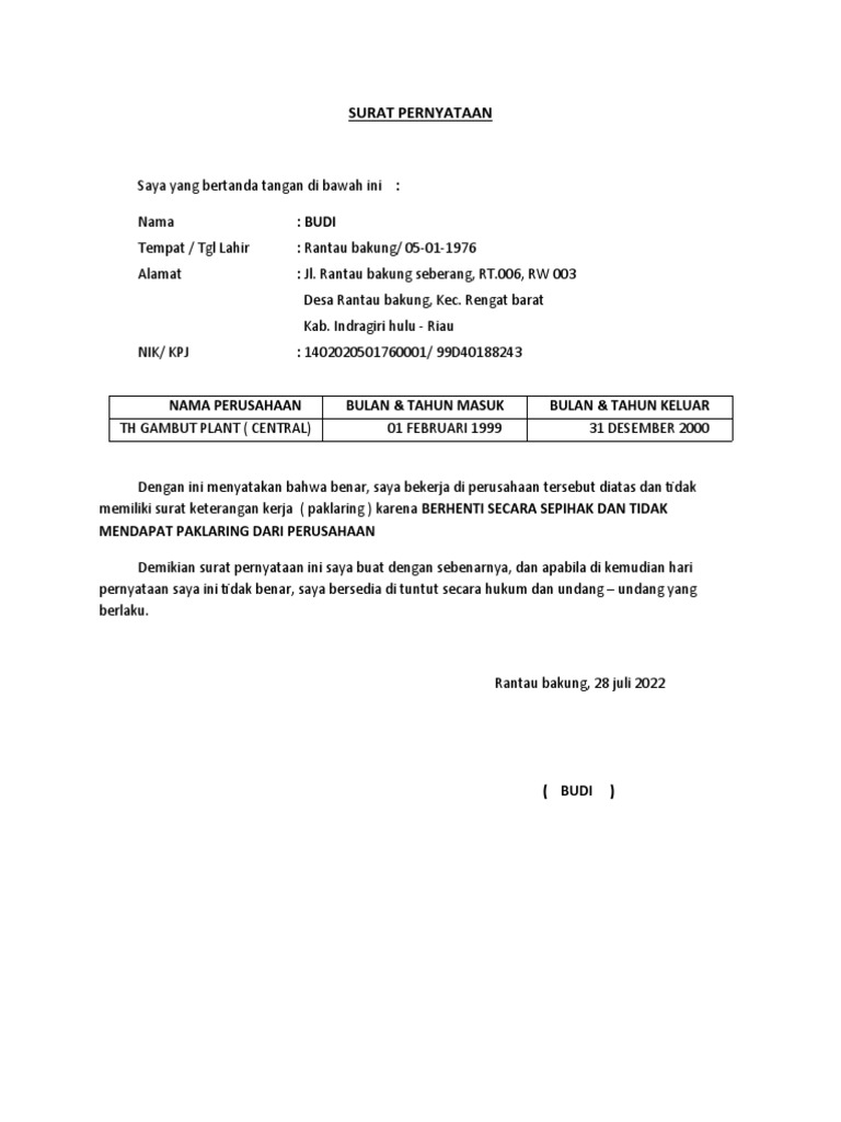 Surat Pernyataan Paklaring | PDF
