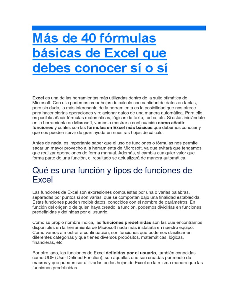 Más de 40 Fórmulas Básicas de Excel Que Debes Conocer Sí o Sí | PDF | Microsoft Excel | Hoja de ...