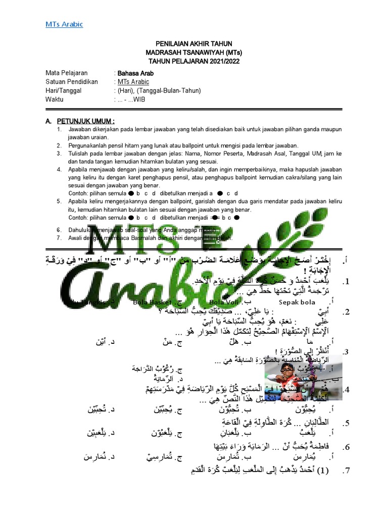 Soal PAT Bahasa Arab MTs Kelas 8 TP 2021-2022 - MTs Arabic | PDF