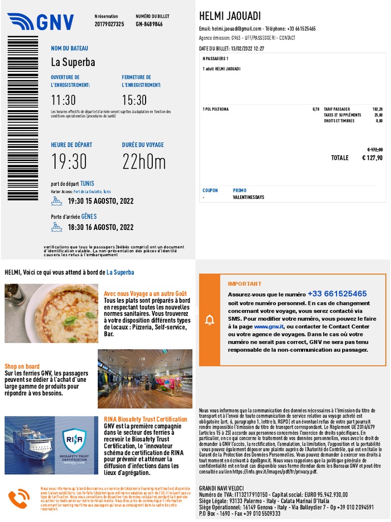 Informations Voyage GNV La Superba | PDF