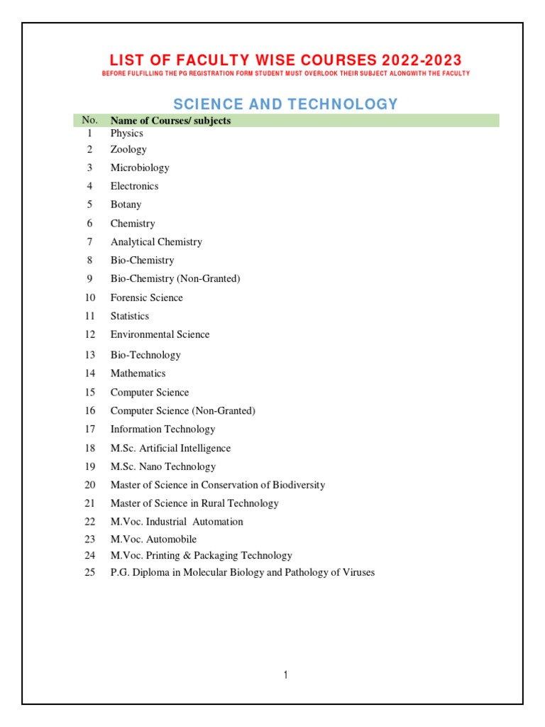 List of Faculty Wise Courses 2022-2023: Science and Technology | PDF