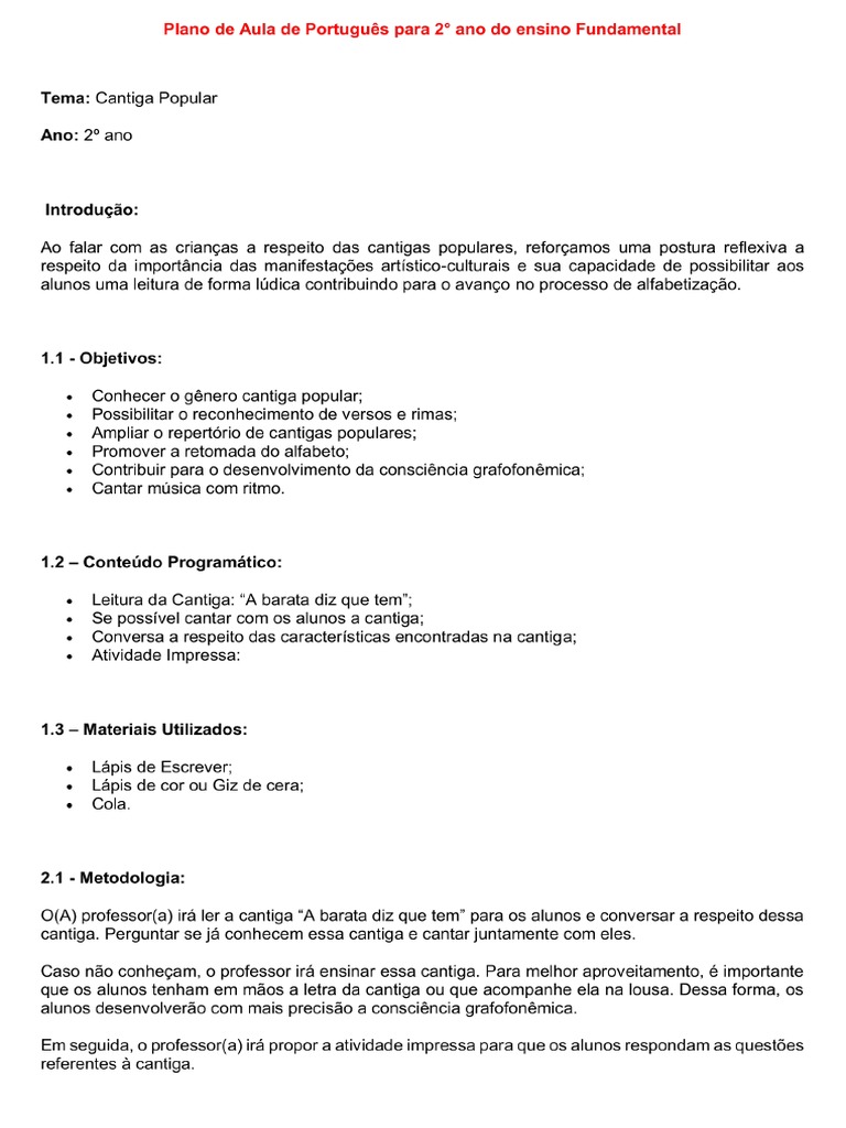 Plano-de-Aula-de-Portugues-para-2°-ano-do-ensino-Fundamental | PDF