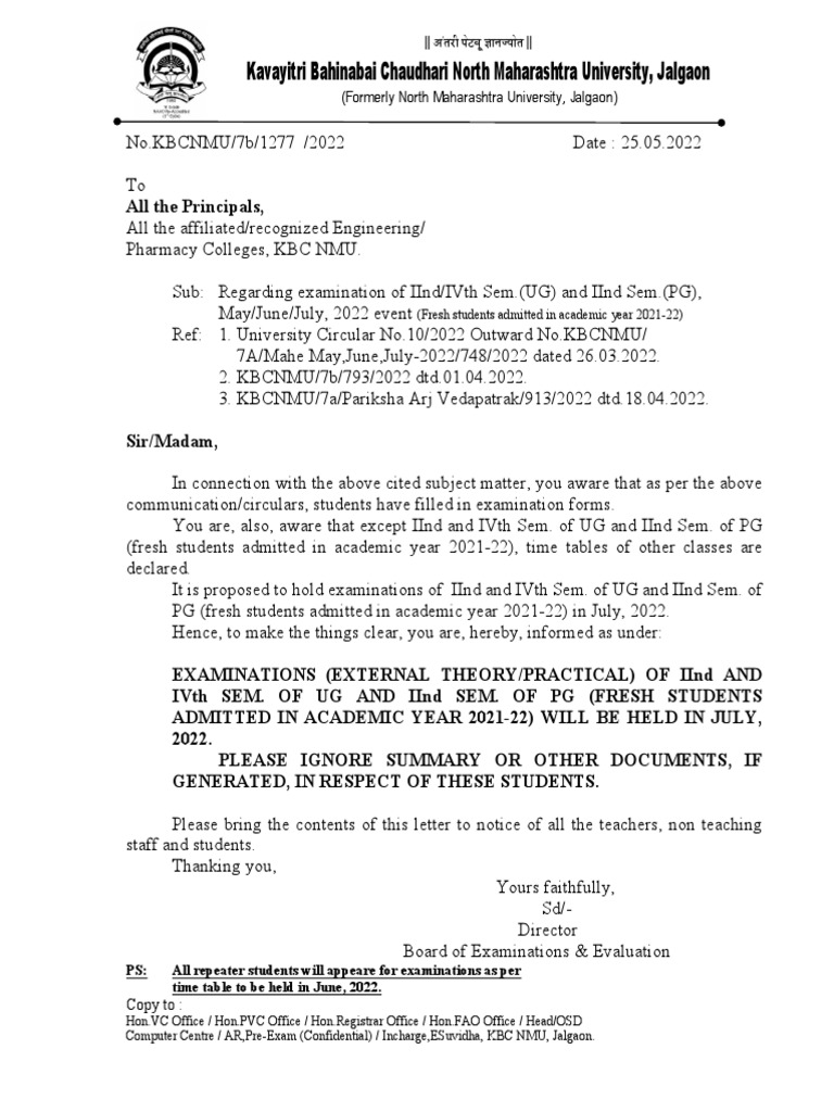 25-05-2022 Letter Regarding Examination of IInd, IVth Sem (UG) and IInd ...