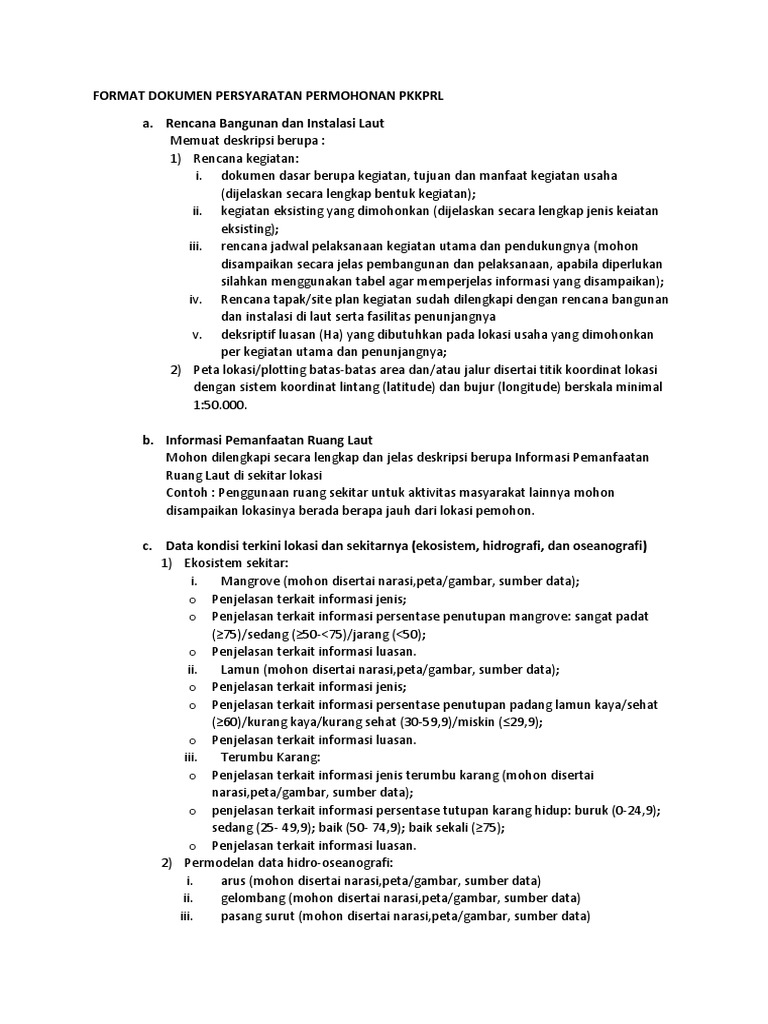 Format Dokumen Persyaratan Permohonan PKKPRL | PDF
